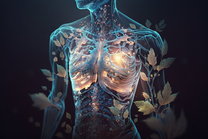 Human Body with Transparency, Featuring Bioluminescent Lines that ...