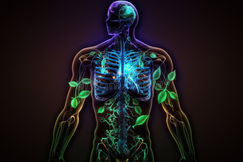Human Body with Transparency, Featuring Bioluminescent Lines that ...