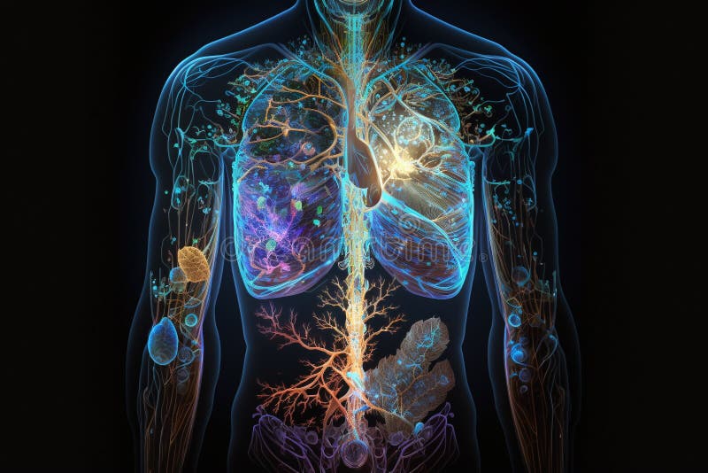 Human Body with Transparency, Featuring Bioluminescent Lines that ...