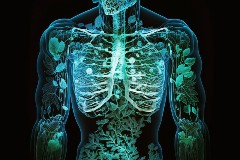 Human Body with Transparency, Featuring Bioluminescent Lines that ...