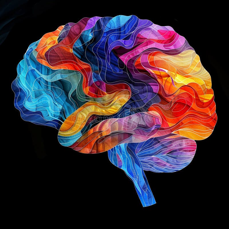 Human Brain with Abstract Wavy Patterns on Black Background. Psychology ...