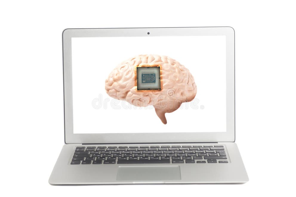 Human Brain Anatomical Model with CPU Processor Microchip on the Laptop ...