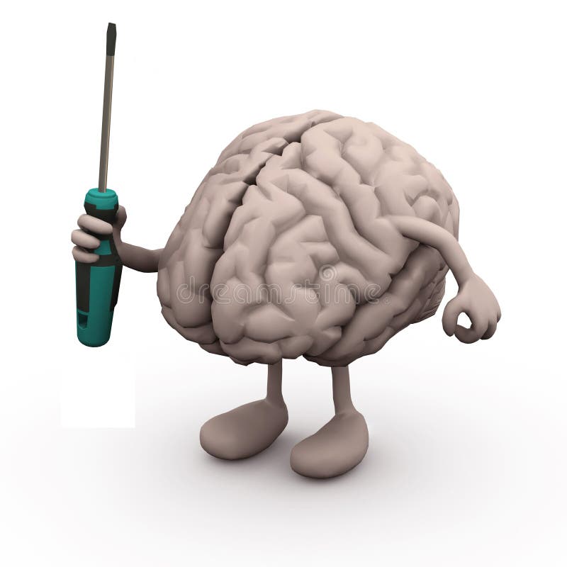 Human Brain with Arms and Legs and Screwdriver on Hand, Stock ...