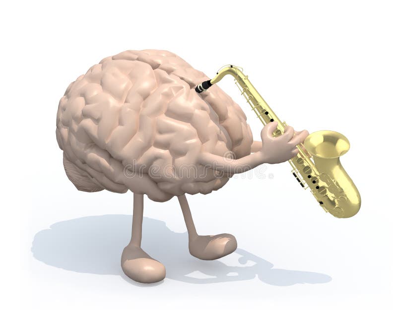 Human Brain with Arms and Legs Who Play Saxophone Stock Illustration ...