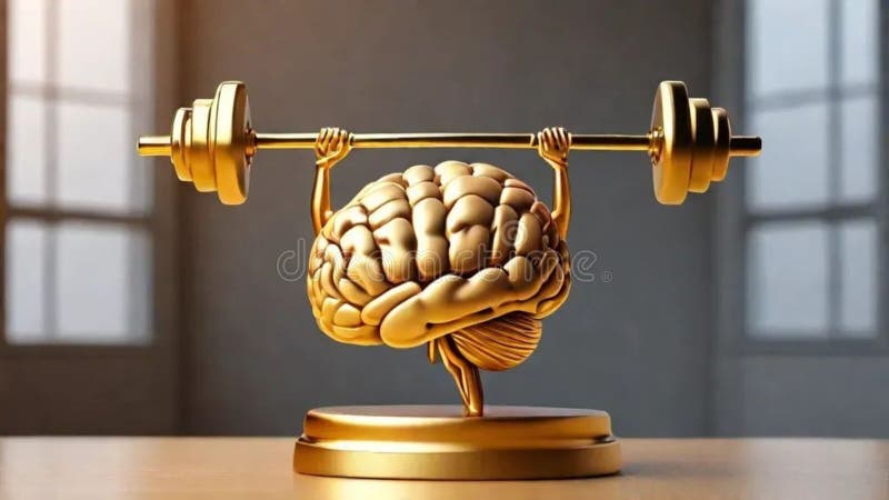Human Brain with Barbell Standing on Highest Platform of Golden Podium ...