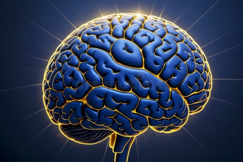 Human Brain on Blue Background, Golden Rays Around the Human Brain ...