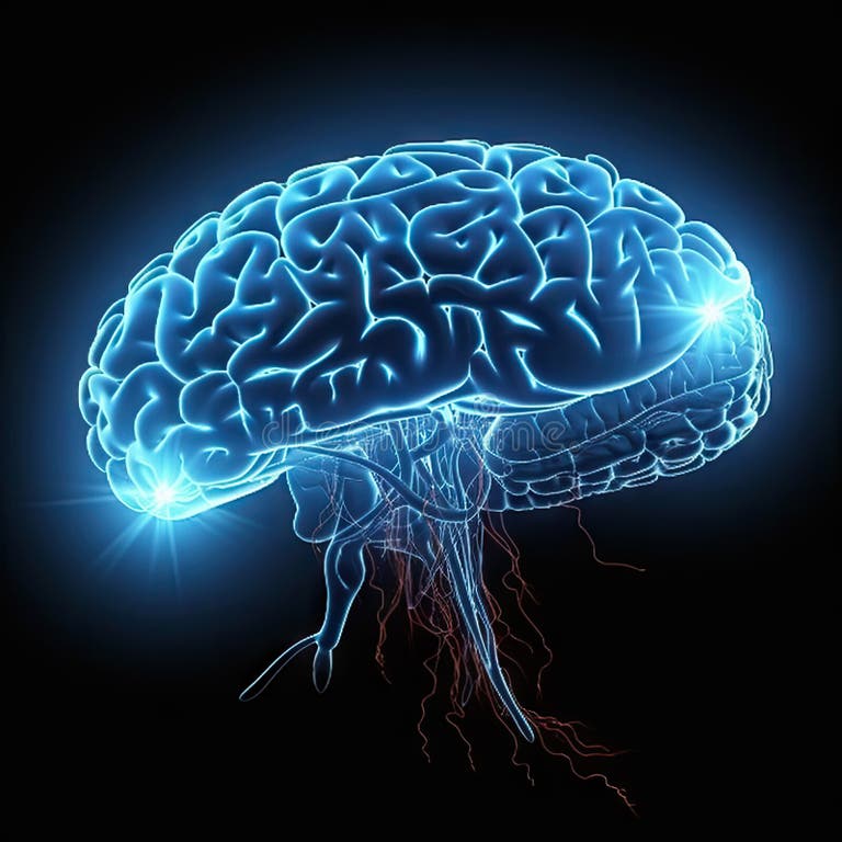 Human Brain with Blue Neon Light. Model, Hologram, Mixed Mind Concept ...