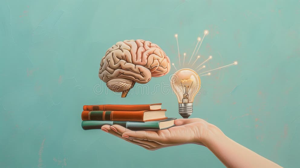 Human Brain with Books and Light Bulb, Education and Science Concept ...