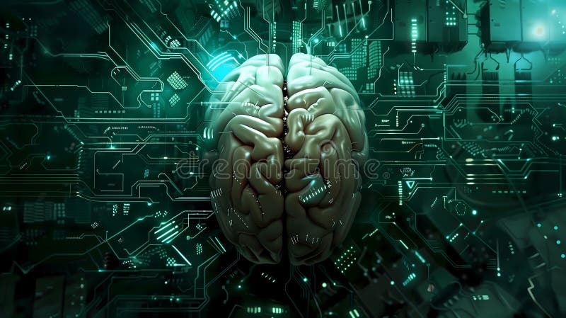 A Human Brain on the Circuit Board Driving the Computer. Stock ...