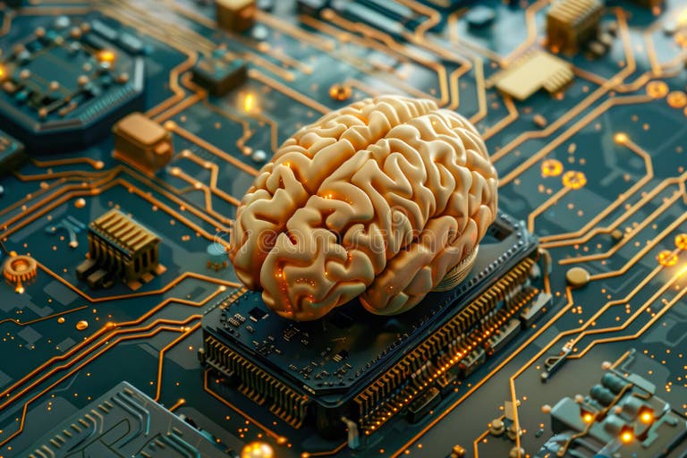 Human Brain on the Circuit Board, Surrounded by Electronic Components ...