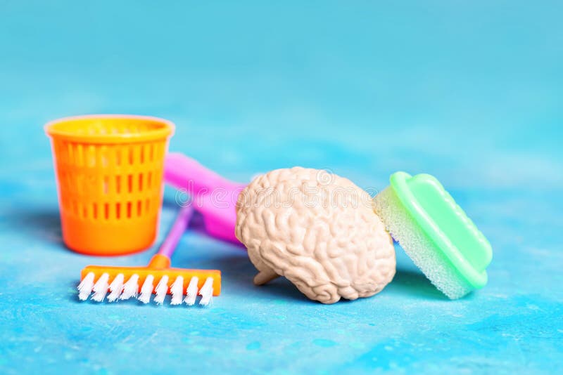 Human Brain and Cleaning Tools on Blue Stock Photo - Image of tools ...