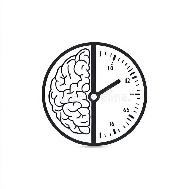 Human Brain and Clock Icon Illustrated in Flat Style with Thin Lines ...