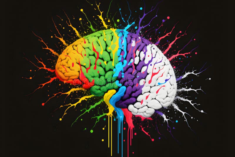 Human Brain in Colorful Splashes on Black Background. Neural Network ...