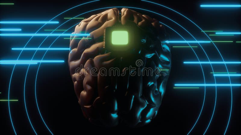 Human Brain with Computer Chip. Neuro Interface and Machine Learning 3d ...