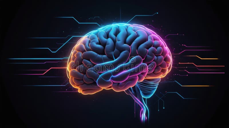 Human Brain Connected To Digital Interfaces, Glowing Neon Data Streams ...
