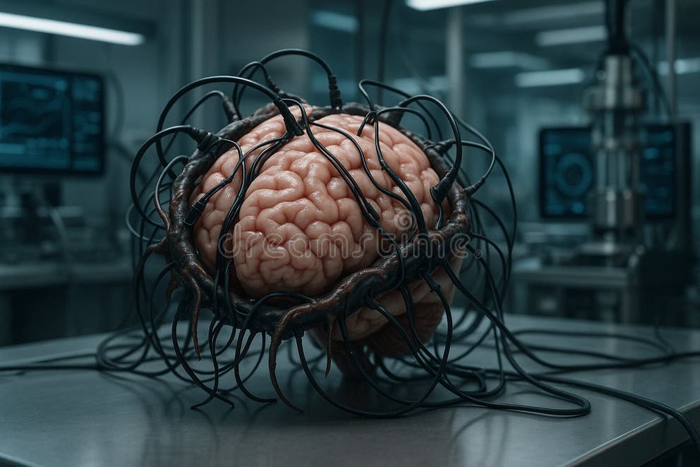 Human Brain Connected To Wires in Lab Stock Illustration - Illustration ...
