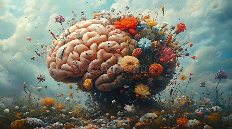 A Human Brain Covered in Colorful Flowers, Symbolizing the Growth and ...
