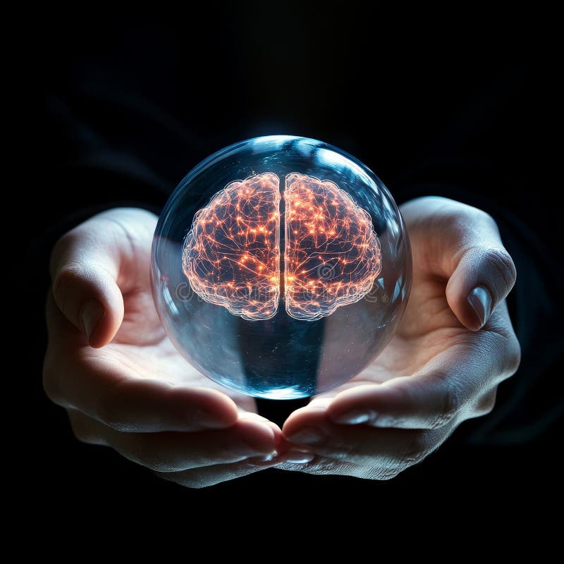 Human Brain in a Crystal Ball in the Hands of a Man. Stock Illustration ...