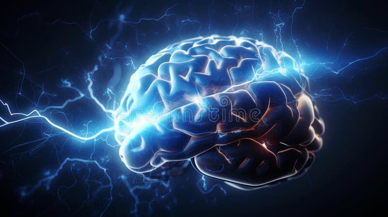 Human Brain Digital Illustration. Electrical Activity, Flashes and ...