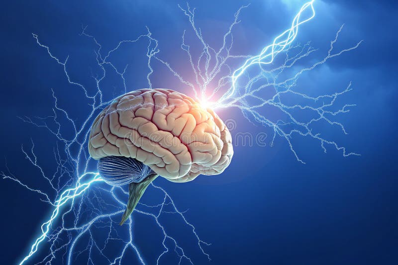 Human Brain Digital Illustration - Electrical Activity, Flashes and Lightning on a Blue ...