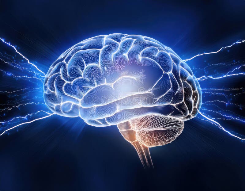 Human Brain Digital Illustration. Electrical Activity, Flashes and ...