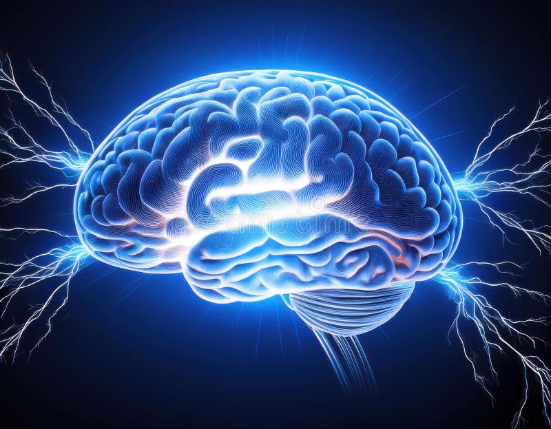 Human Brain Digital Illustration Electrical Activity Lightning Blue ...