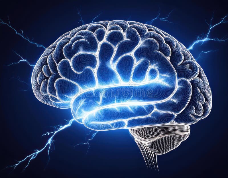 Human Brain Digital Illustration Electrical Activity Lightning Blue ...