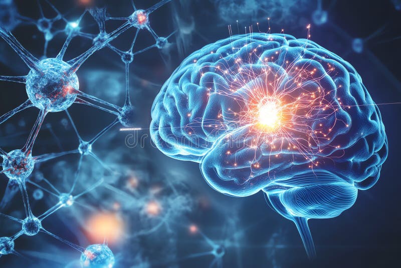 Human Brain Digital Illustration, Electrical Activity with Fluorescent ...