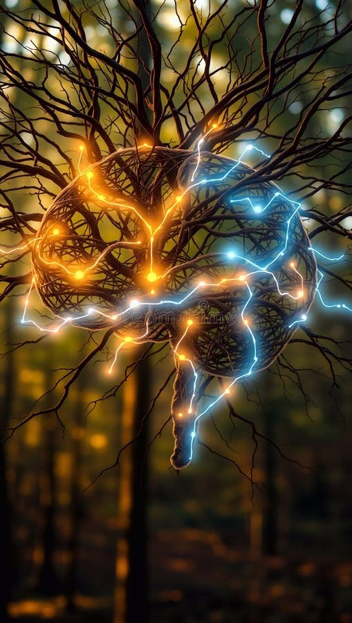 Human Brain with Dynamic Light Trails Forming Tree Branches in a Forest ...