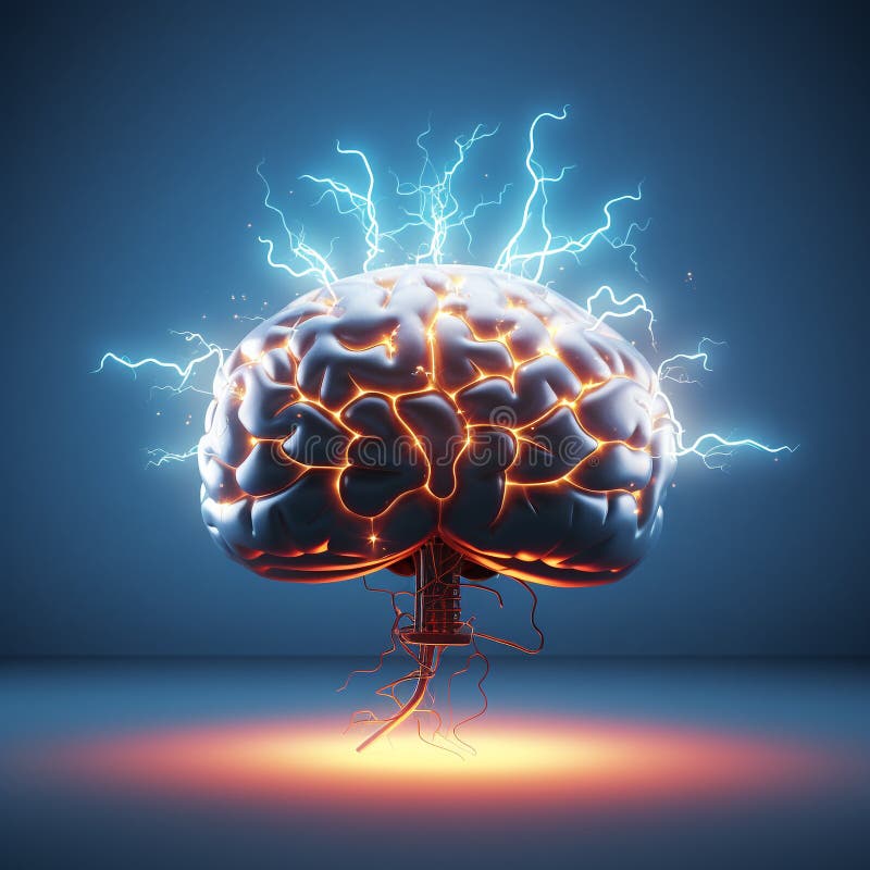 Human Brain with Electric Lightning on Blue Background Stock ...