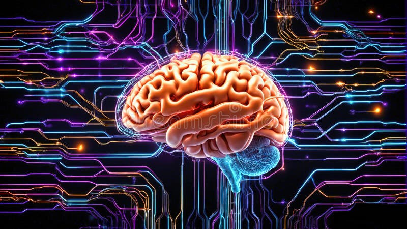 Human Brain with Electrical Activity, Colored Neurons Glowing on Black ...