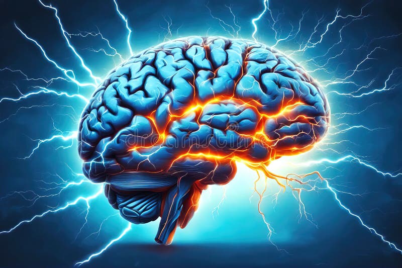 Human Brain with Electrical Activity, Colored Neurons Glowing on Black ...