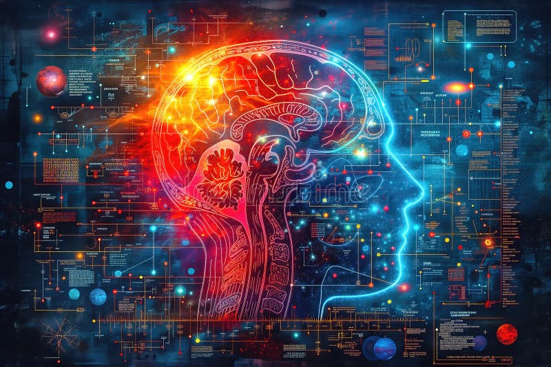 Human Brain with Electrical Activity, Colored Neurons Glowing on Black ...