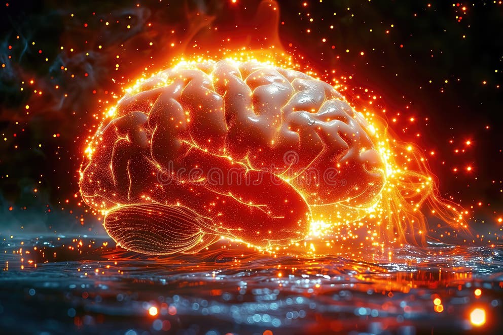 Human Brain with Electrical Activity, Colored Neurons Glowing on Black ...