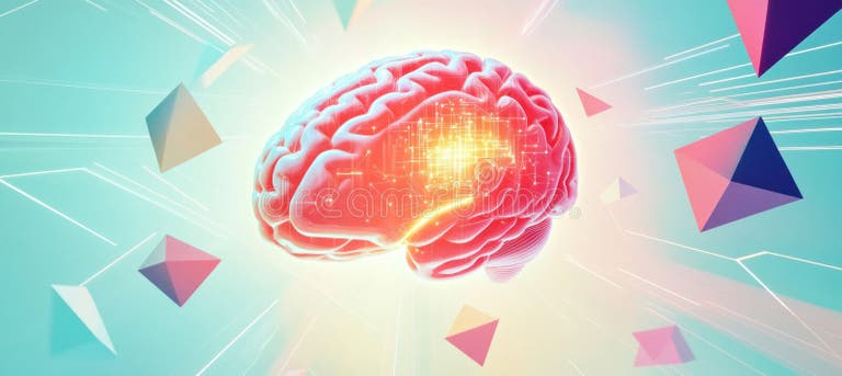 Human Brain Emitting Light Surrounded by Colorful Pyramids and Lines ...
