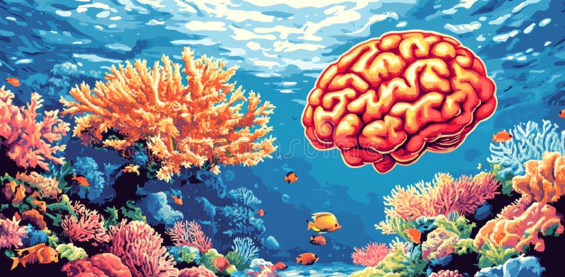 A Human Brain Encircled by Fish and Coral Reef in the Sea Stock Image ...