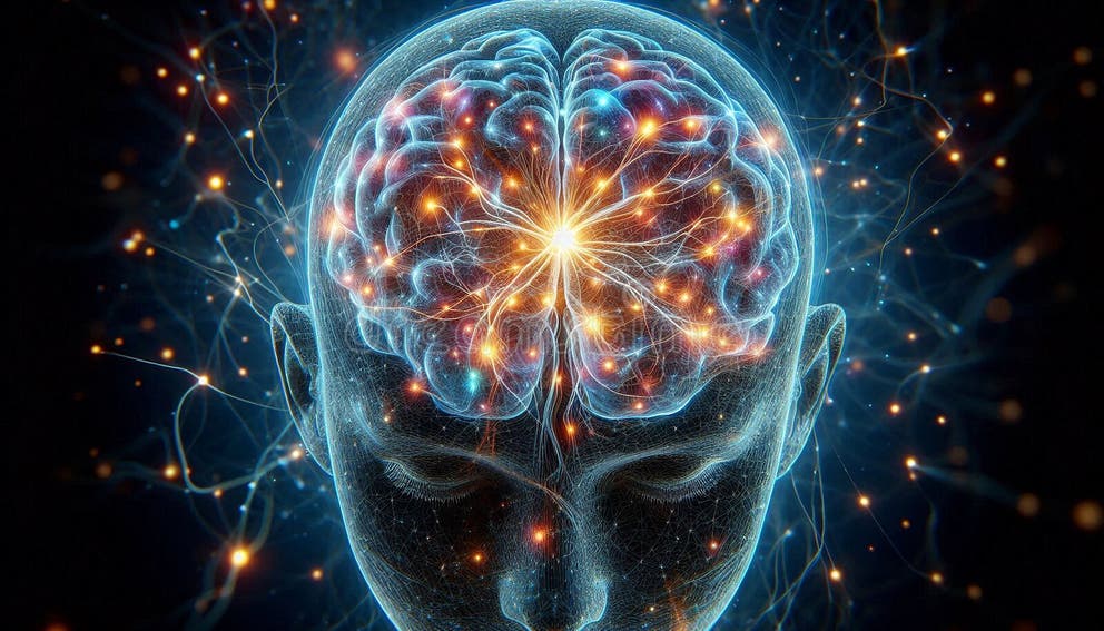 Human Brain with Energy Sparks and Light Effects Stock Illustration ...