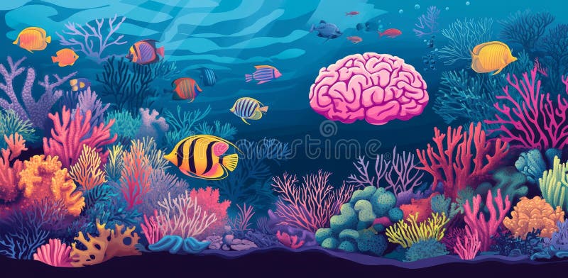 A Human Brain Enveloped by a Coral Reef and Fish in the Ocean Stock ...