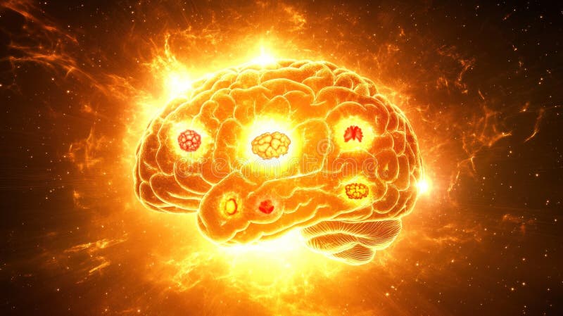 Human Brain Exploding with Glowing Orange and Red Parts on Starry ...