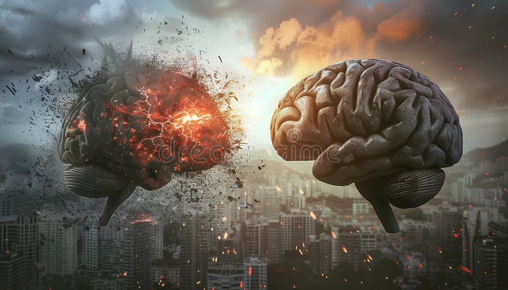 Human Brain Facing a Digital Brain Being Bombarded by AI Polution Stock ...