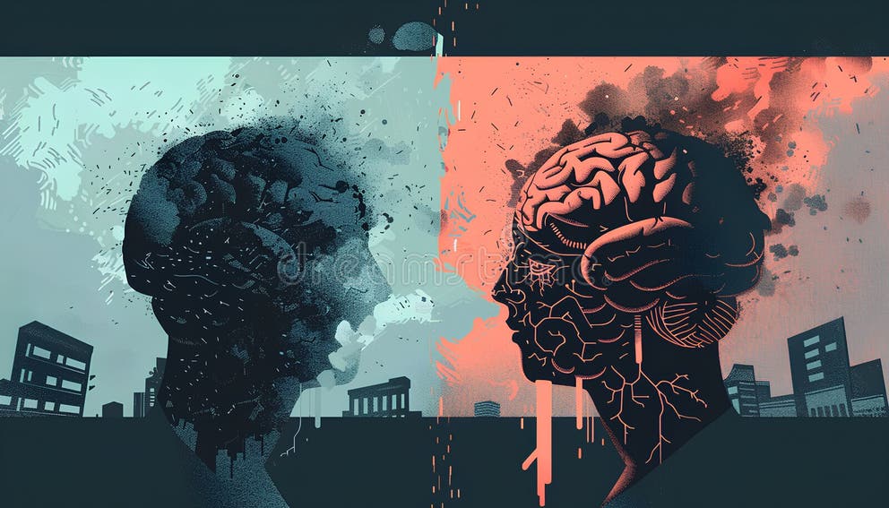 Human Brain Facing a Digital Brain Being Bombarded by AI Polution Stock ...