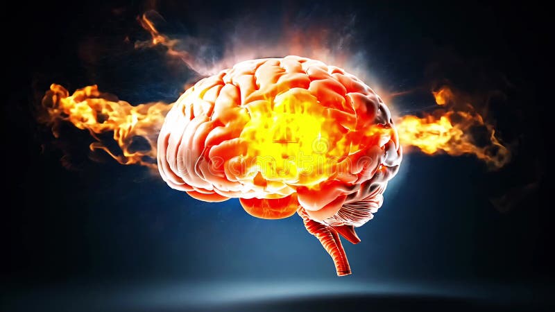 Human Brain with Flames of Fire on Dark Background Stock Footage ...