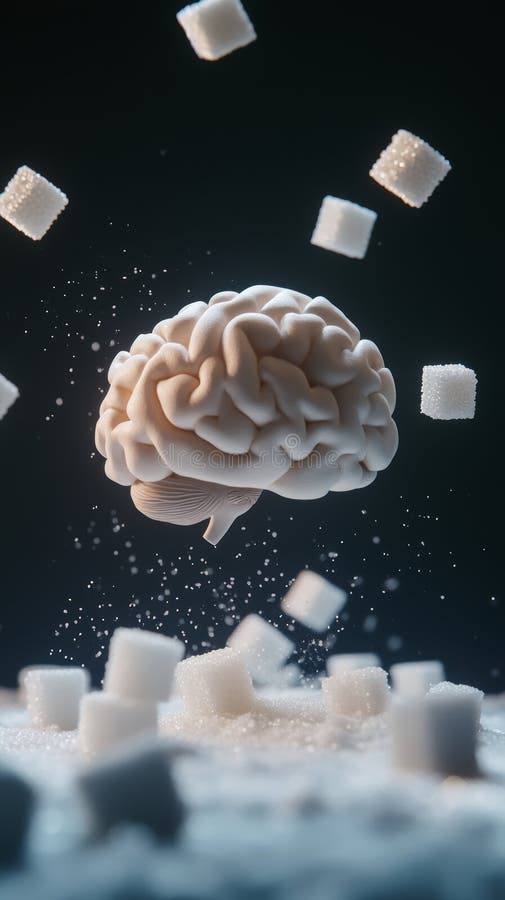 Human Brain Floating Above Sugar Cubes Symbolizing Sugar Consumption ...