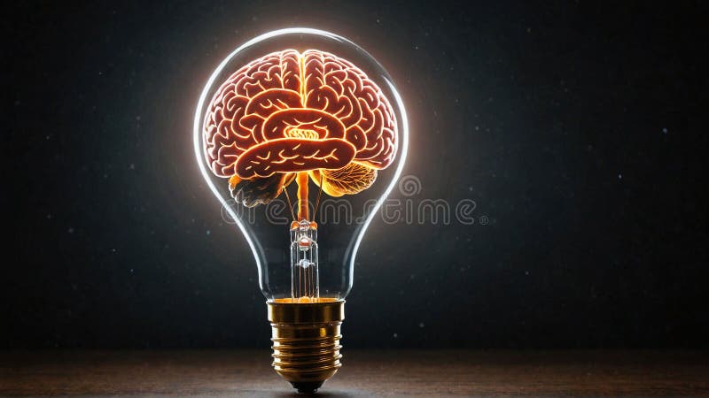 Human Brain Glowing Inside of Light Bulb on Dark Background Stock ...