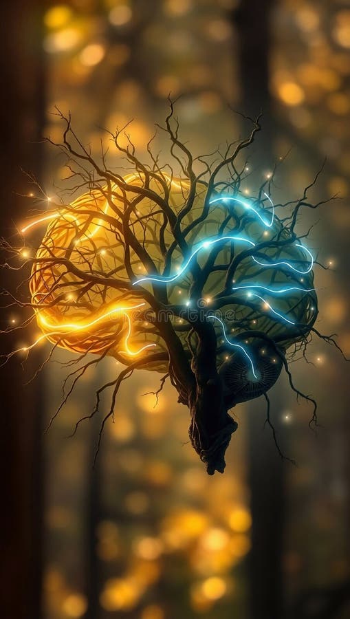 Human Brain with Glowing Light Trails and Interconnected Roots ...