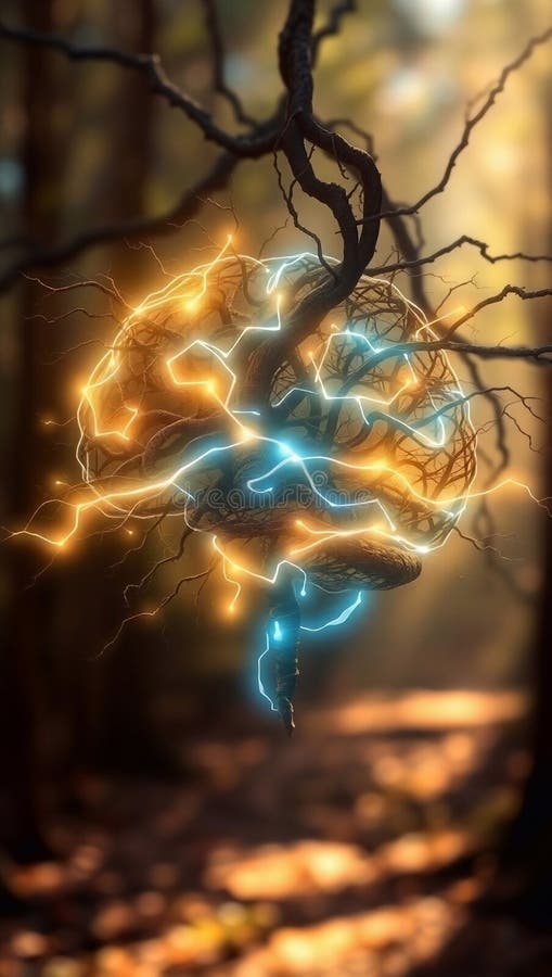 Human Brain with Glowing Light Trails and Tree-like Branches in Nature ...