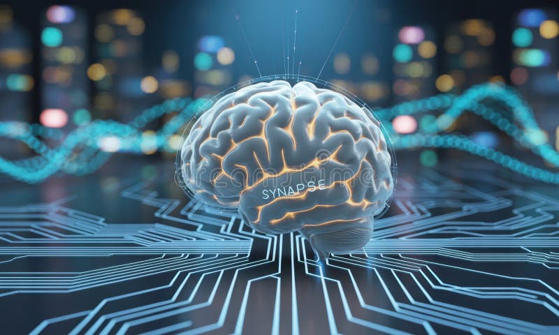 Human Brain with Glowing Synapse on Digital Circuit Board Representing AI and Technology Stock ...
