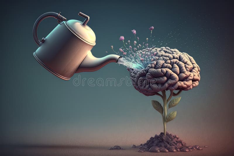 Human Brain Growing from a Flower, Watering Can is Pouring Water on the ...