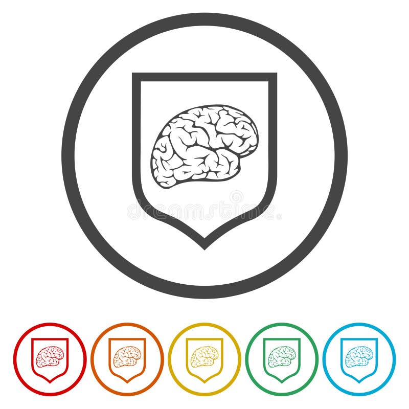 Human Brain with Guard Shield Ring Icon, Color Set Stock Vector ...
