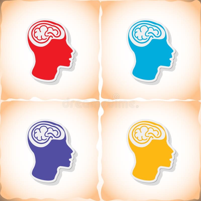 Human Brain in Head. Flat Sticker with Shadow on Old Paper Stock Vector ...